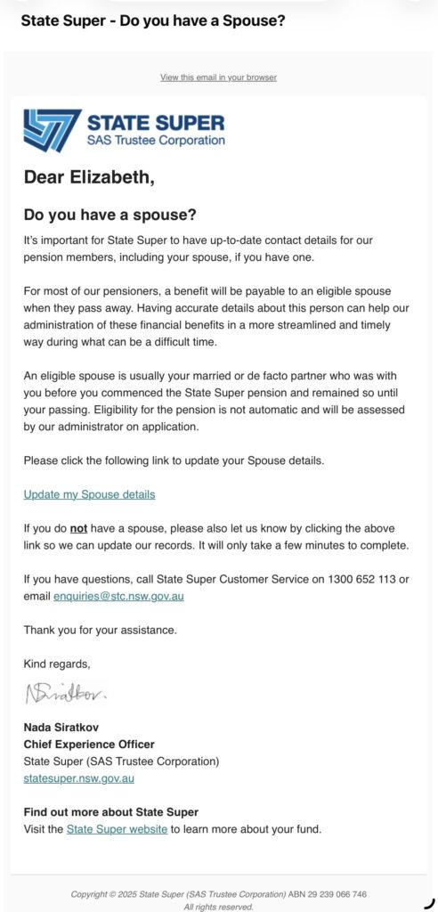 Email from State Super - Retired & Former Police Association of NSW Inc.